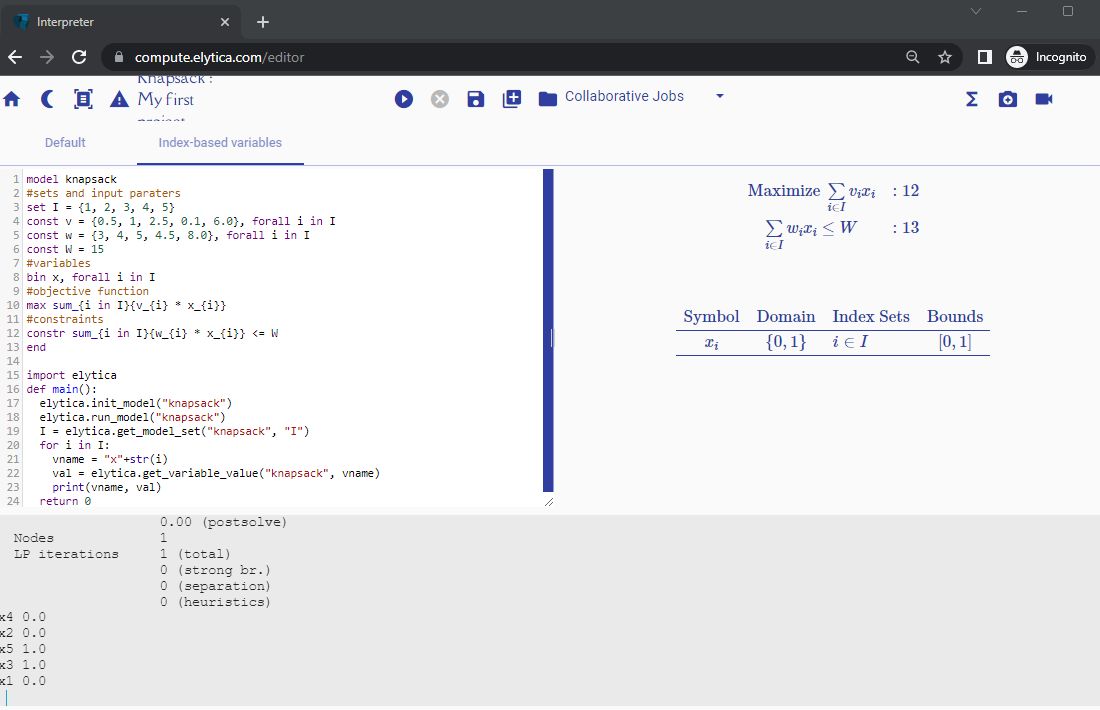 Tutorial 2: Index-based variables (Knapsack) – elytica